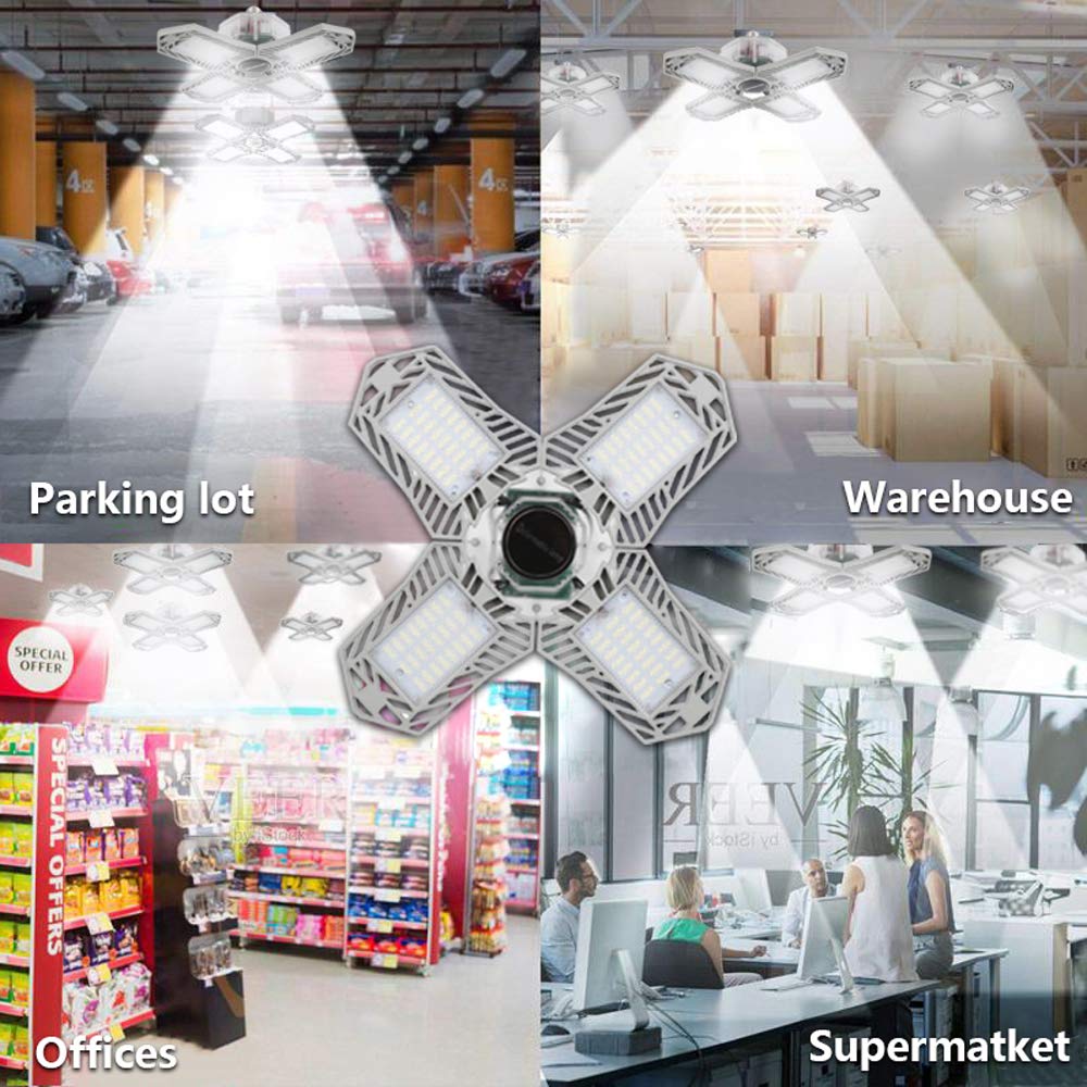 ISKYDRAW 2 Pack LED Garage Light 150W,4 Panels 15000lm Deformable Garage Ceiling Shop Light Fixture Quadruple Glow Adjustable Garage Lighting Bulb E26/E27,Led Light for Garage,Warehouse,Workshop,Barn