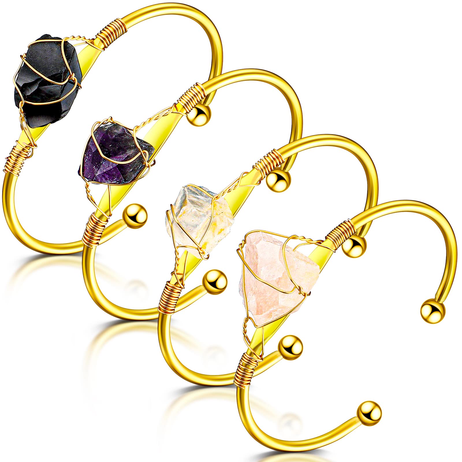 Kigeli 4 Pcs Gold Plated Crystal Cuff Bracelets for Girls Women Irregular Natural Gemstone Cuff Bangle Adjustable Wire Wrapped Cuff Bracelets for Birthday Gifts