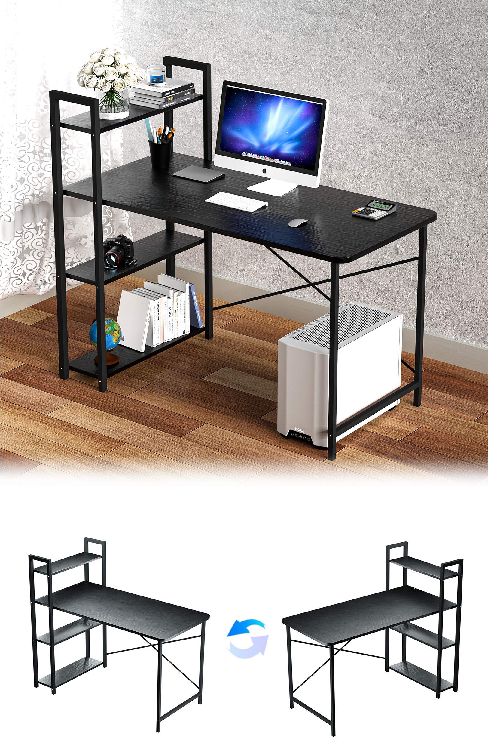 JAJUMUDO Computer Desk with Shelves,47" Writing Study Desk with Bookshelf for Home Office,Laptop PC Workstation,Stable Metal Frame,Black