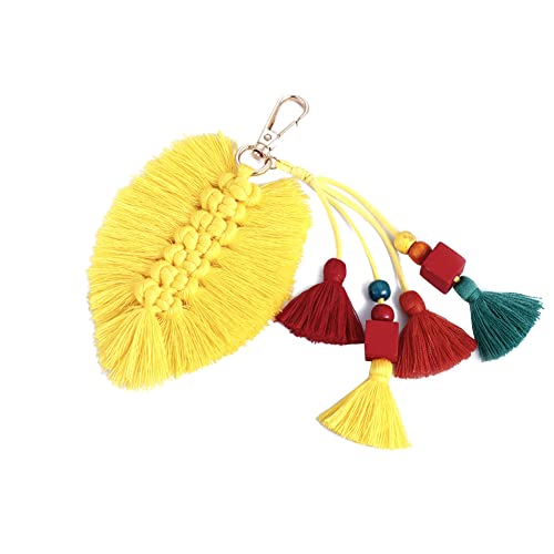 MoreChioce Car Keychain, Wooden Bead Key Chain Cute Cotton Thread Tree Leaves Key Ring Pendant Handbag Bag Decoration Accessories,Yellow
