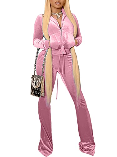 KIRJAUDU Womens Velvet 2 Piece Set Long Sleeve Zip Crop Top Maxi Pants Outfits Velour Tracksuit Pink L