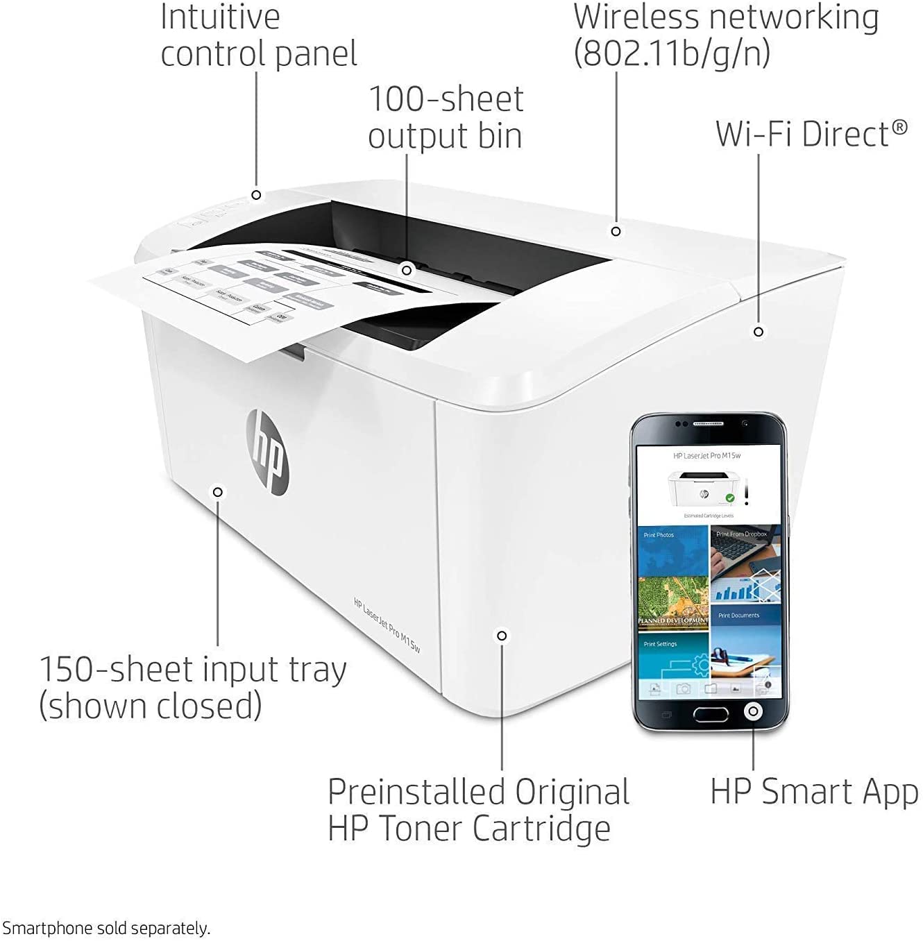 HP Laserjet Pro M15w Wireless Laser Printer, Compatible with Alexa (W2G51A), Print Scan Copy Fax,auto-on/auto-Off Technology,Ahaghug Printer Cable.