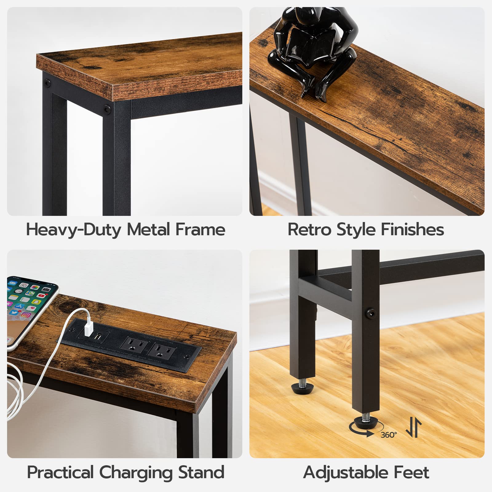 HOOBRO 2 Pack 39.4" Console Table with Power Outlets and USB Ports, Narrow Entryway Table with Charging Station, Behind Couch Table, Hallway, Living Room, Bedroom, Rustic Brown and Black BF51UXGP201