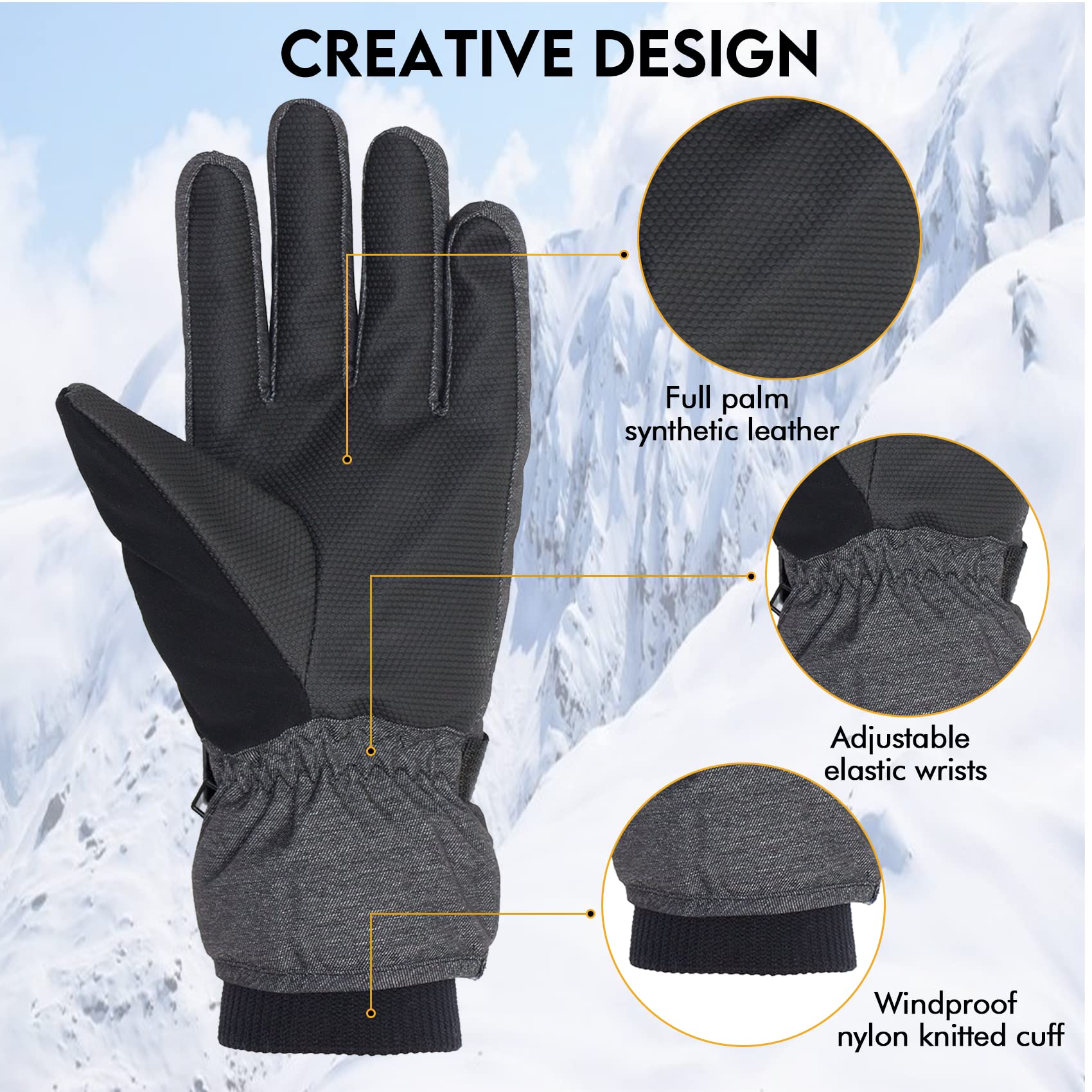 HIGHLOONG Mens Ski Snowboard Gloves Waterproof,Thinsulate, Melange Fabric Winter Cold Weather Gloves (Melange 2-pair L)