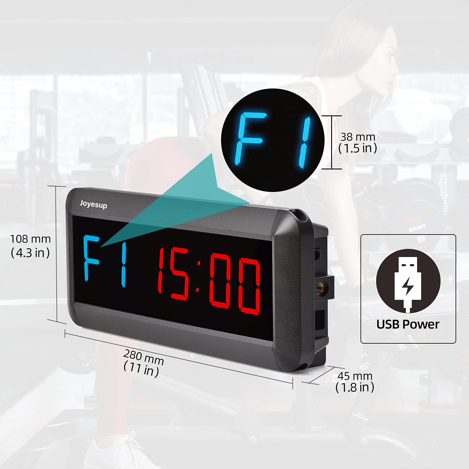 Joyesup Gym Timer LED Interval Timer, Ultra-Clear with Remote Count Down/Up Wall Clock Stopwatch, Work with Power Bank for Outdoor Workout and Home Gym Garage Fitness, EMOM, Tabata