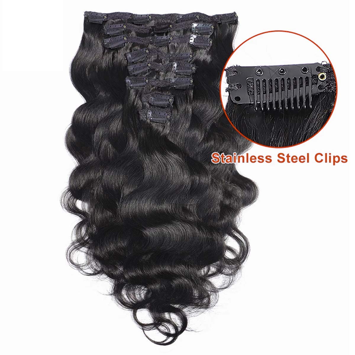 Kislemon Clip in Hair Extensions #1B Natural 10A Body Wave 100% Unprocessed Virgin Human Hair Cheap 8 Pieces/Lot 125g with 16 Clips(26 Inch)