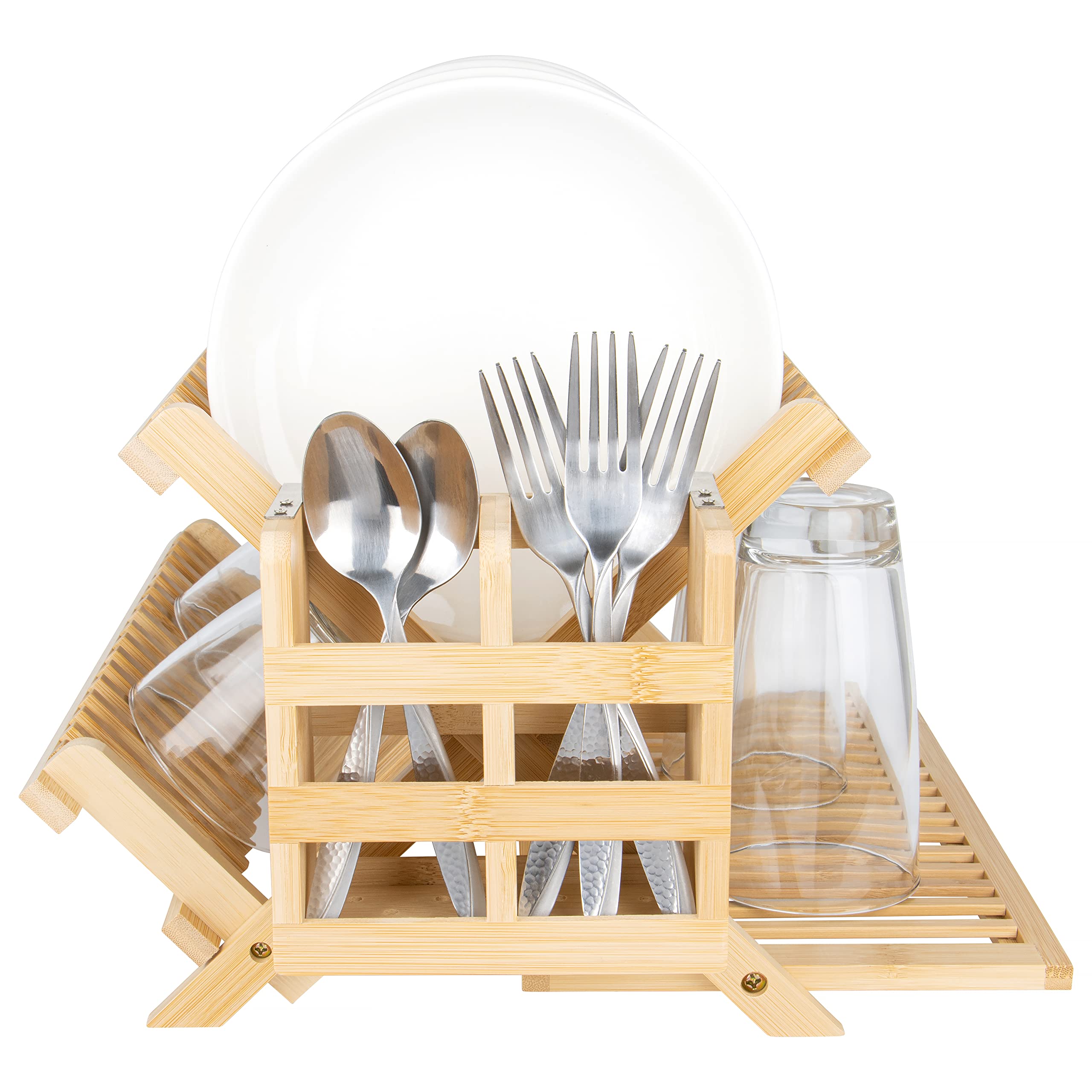 JOEY'Z Bamboo Dish Rack, Collapsible Dish Drying Rack for Kitchen Counter 3 Tier Kitchen Drying Rack (Dishrack with Utensil Holder)