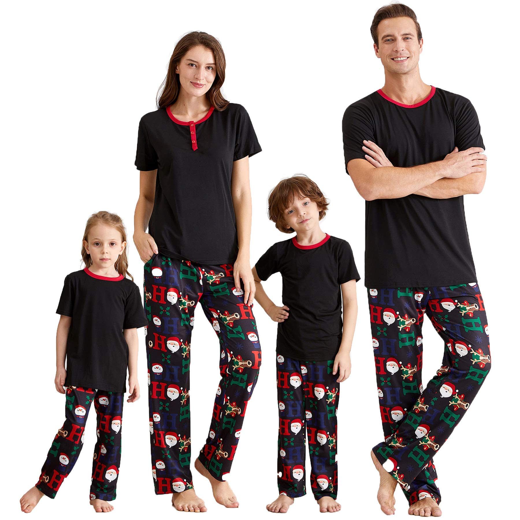 IFFEI Matching Family Pajamas Sets Christmas PJ's with Short Sleeve Black Tee and HOHOHO Print Pants Loungewear with Pocket Women L