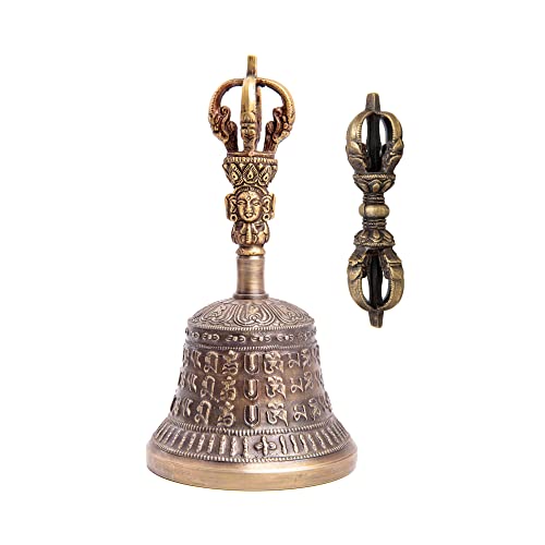 Large Tibetan Buddhist Meditation Alter Pray Singing Bowl Bell Bronze and Dorje Set 18 cm X 9 cm - Himalayan Bazaar