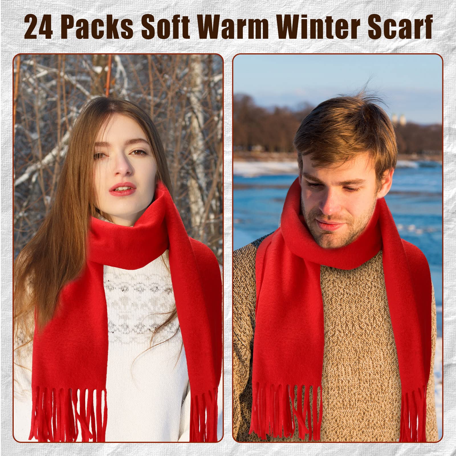 Kigeli 24 Pack Winter Scarves Solid Soft Warm Scarf with Fringe Men Women Cold Weather Scarves Wraps Warm Winter Scarf Bulk (Red)