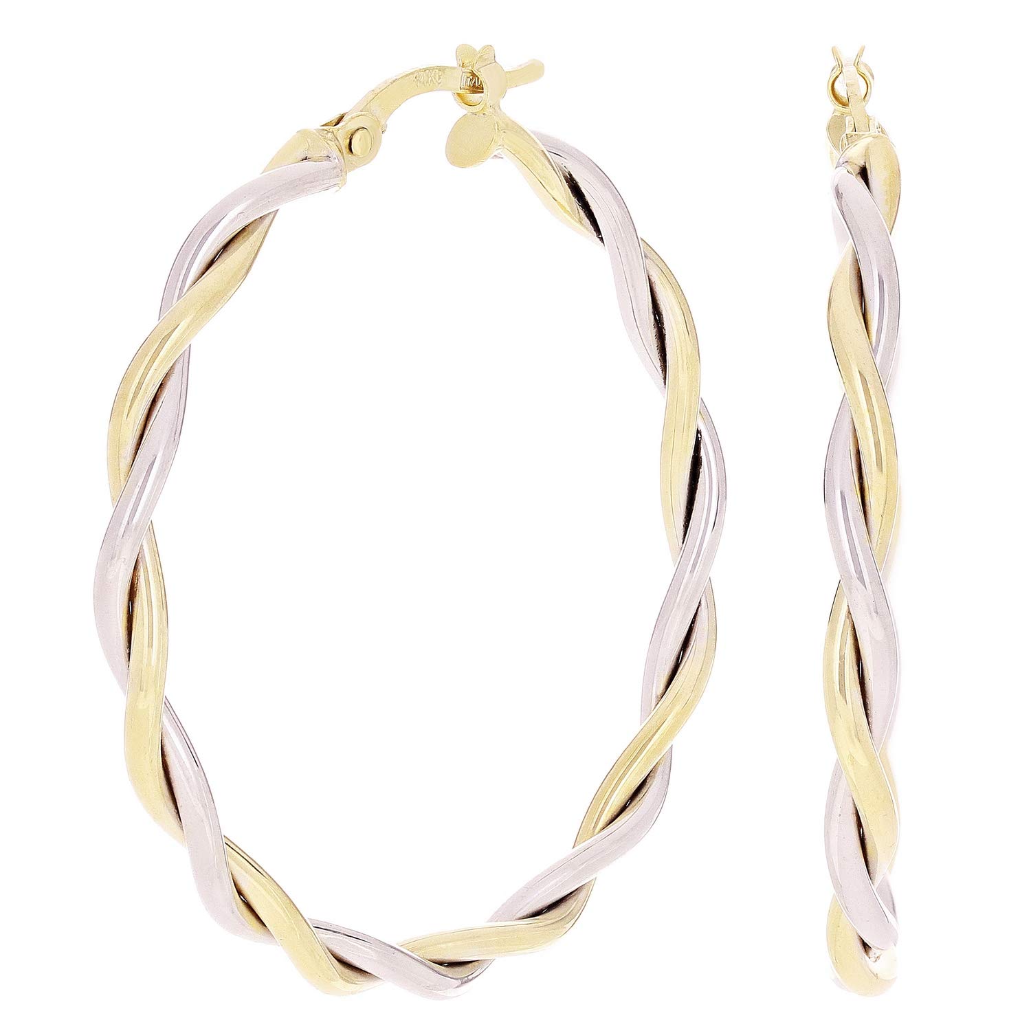Italian 14k Yellow & White Gold Polished Twisted Large Hollow Hoop Earrings 1.5"