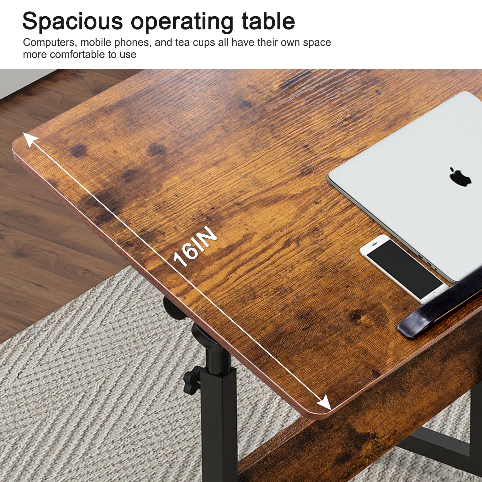 KOUPA Height Adjustable Standing Desk with Storage Bag 16 x 24 in, Portable Rolling Mobile Stand Up Table with Wheels, 360° Flip Laptop Computer Desk for Home Office, Rustic Brown