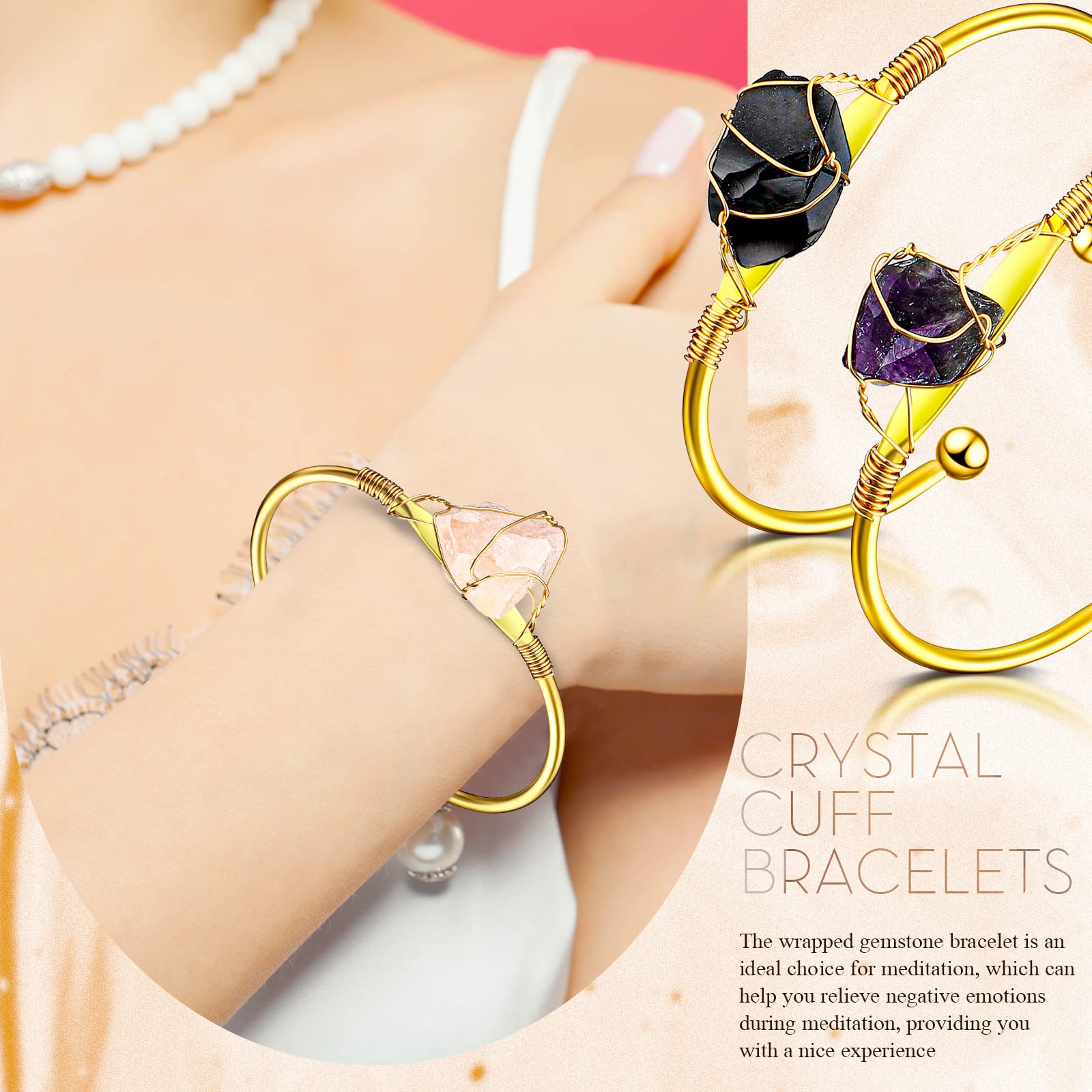 Kigeli 4 Pcs Gold Plated Crystal Cuff Bracelets for Girls Women Irregular Natural Gemstone Cuff Bangle Adjustable Wire Wrapped Cuff Bracelets for Birthday Gifts