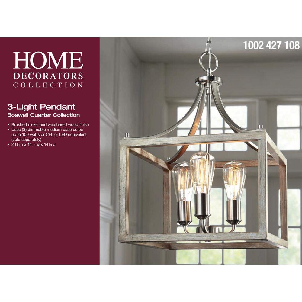 Home Decorators Collection Boswell Quarter 14 in. 3-Light Brushed Nickel Chandelier with Painted Weathered Gray Wood Accents