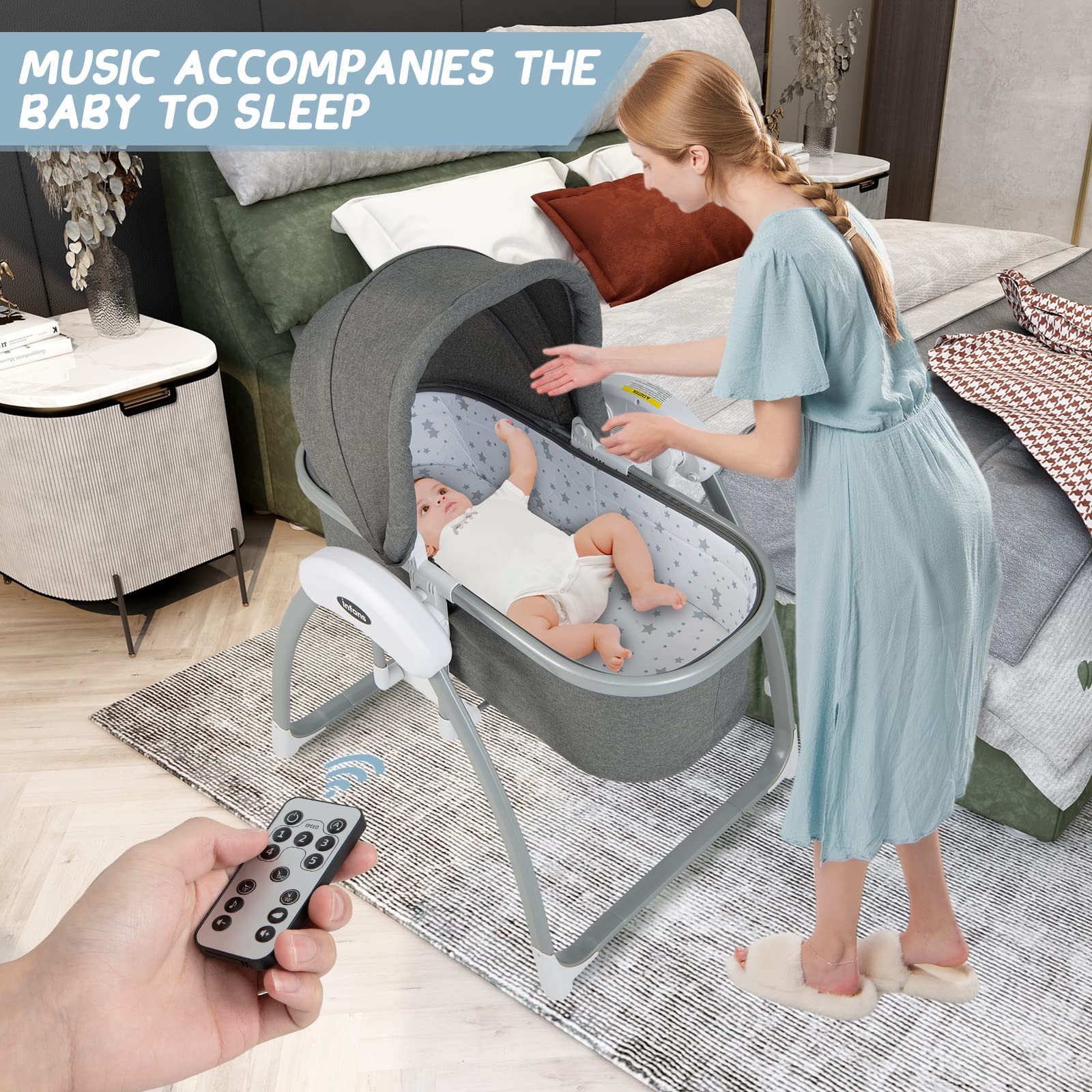 INFANS 2 in 1 Smart Electric Baby Rocking Bassinet, Automatic Bedside Crib for Infants, Sleeper Cradle with Remote Control 5 Speed Natural Sway Timing Function 12 Preset Lullabies for Newborn