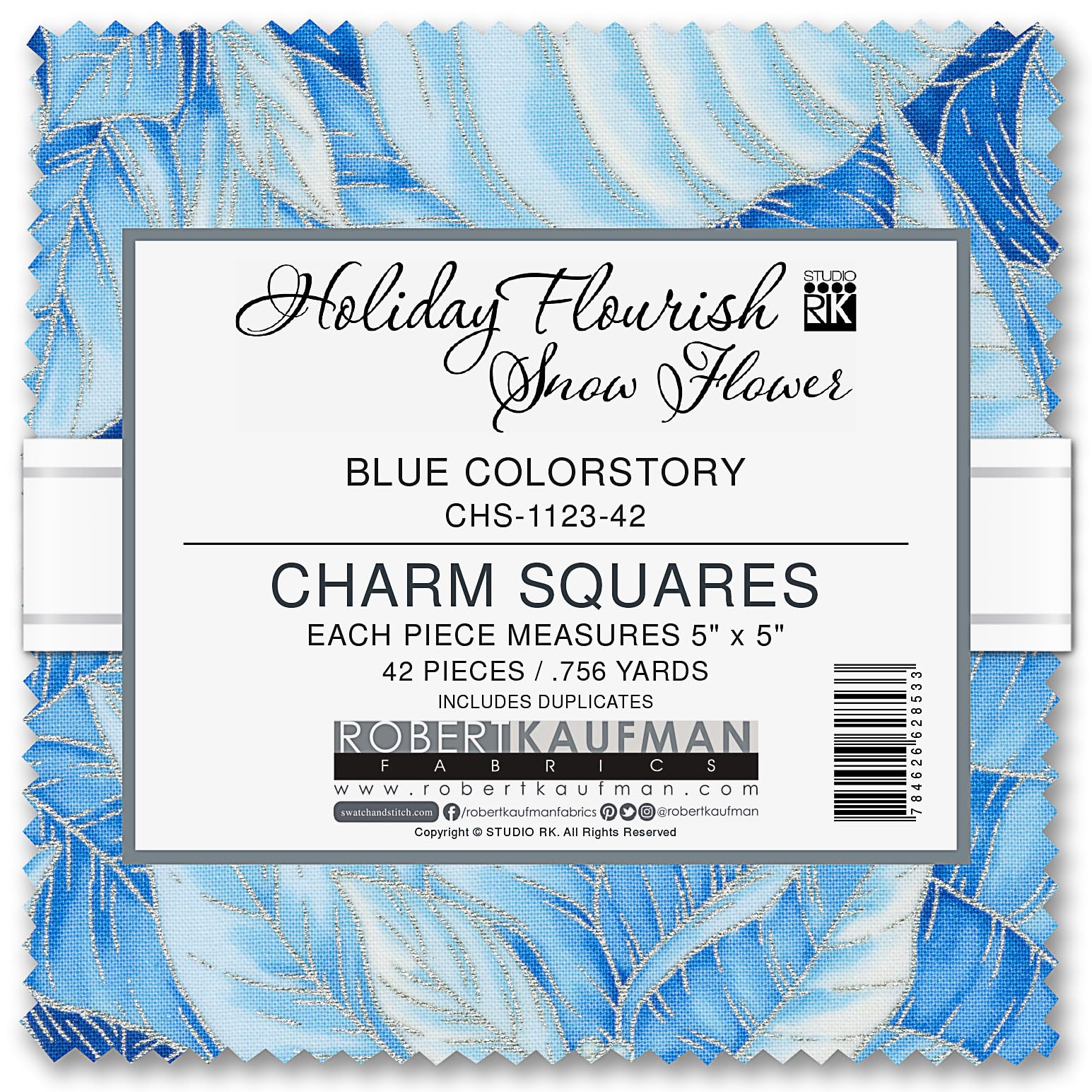 Holiday Flourish Snow Flower Blue 42 5-inch Squares Charm Pack Robert Kaufman CHS-1123-42