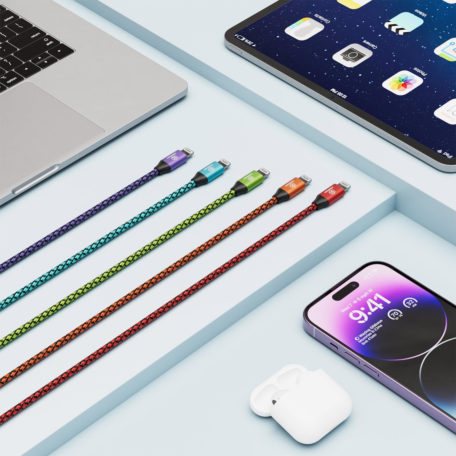 iPhone Charger 5 Pack 10 ft USB Lightning Cable Apple Mfi Certified Cable Fast Charging Cord Nylon Braided Compatible with iPhone 14 13 12 11 XS XR X Pro Max 8 7 6 6S 6 Plus Mini 5S SE Plus iPad