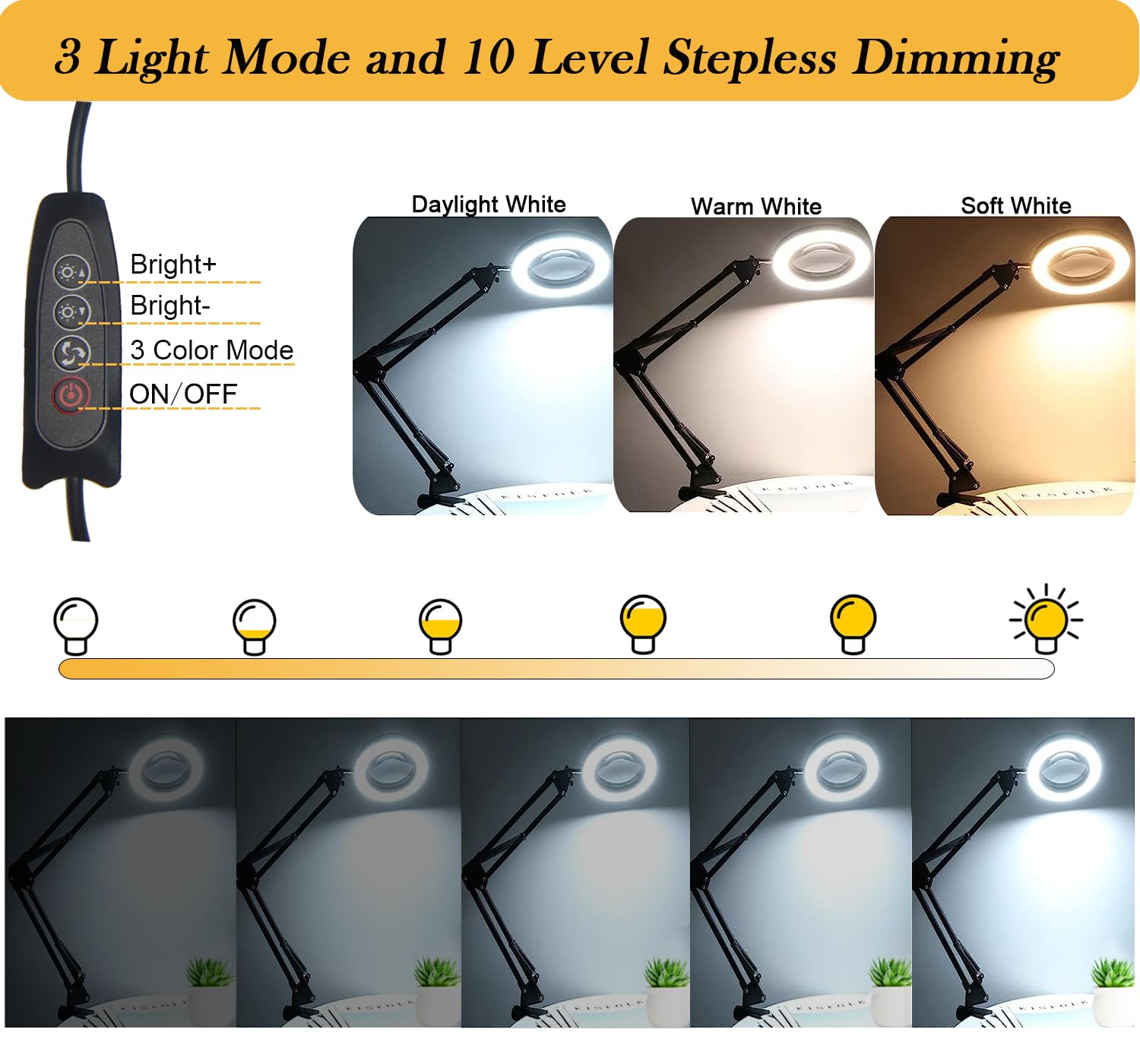 Hanbaak LED Desk Lamp with Clamp, Flexible Gooseneck Clamp Lamp, Eye Care Table Light, Touch Control, Stepless Dimmable Light for Home, Reading, Working, 13W