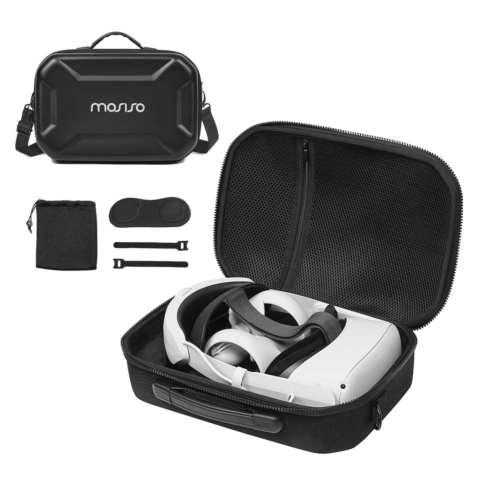 MOSISO Hard Case Compatible with Oculus Quest 2 & Elite Strap Controllers Accessories VR Gaming Headset, Waterproof Shockproof EVA Hard Shell & PU Storage Bag with Handle & Shoulder Strap, Black