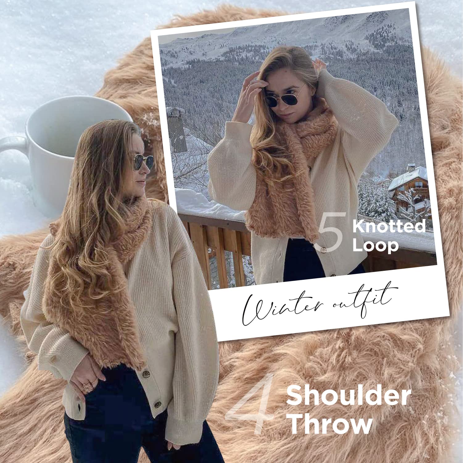 KM CHOICE ONE Scarf: Infinity Scarf, Faux Fur Giving Shawl for Women Winter Warm, Wraps for Men, Christmas Gift, Soft & Fluffy Scarf in Gift Box (Ivory)