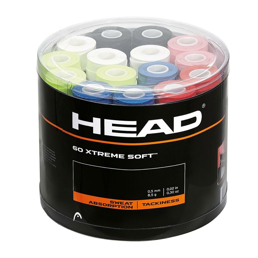 HEAD unisex XtremesoftTM HEAD Extreme Soft Racquet Overgrip 60 Pack Assorted Jar of Tennis Racket Grip Tape, Multi-Coloured - multicoloured, One Size US