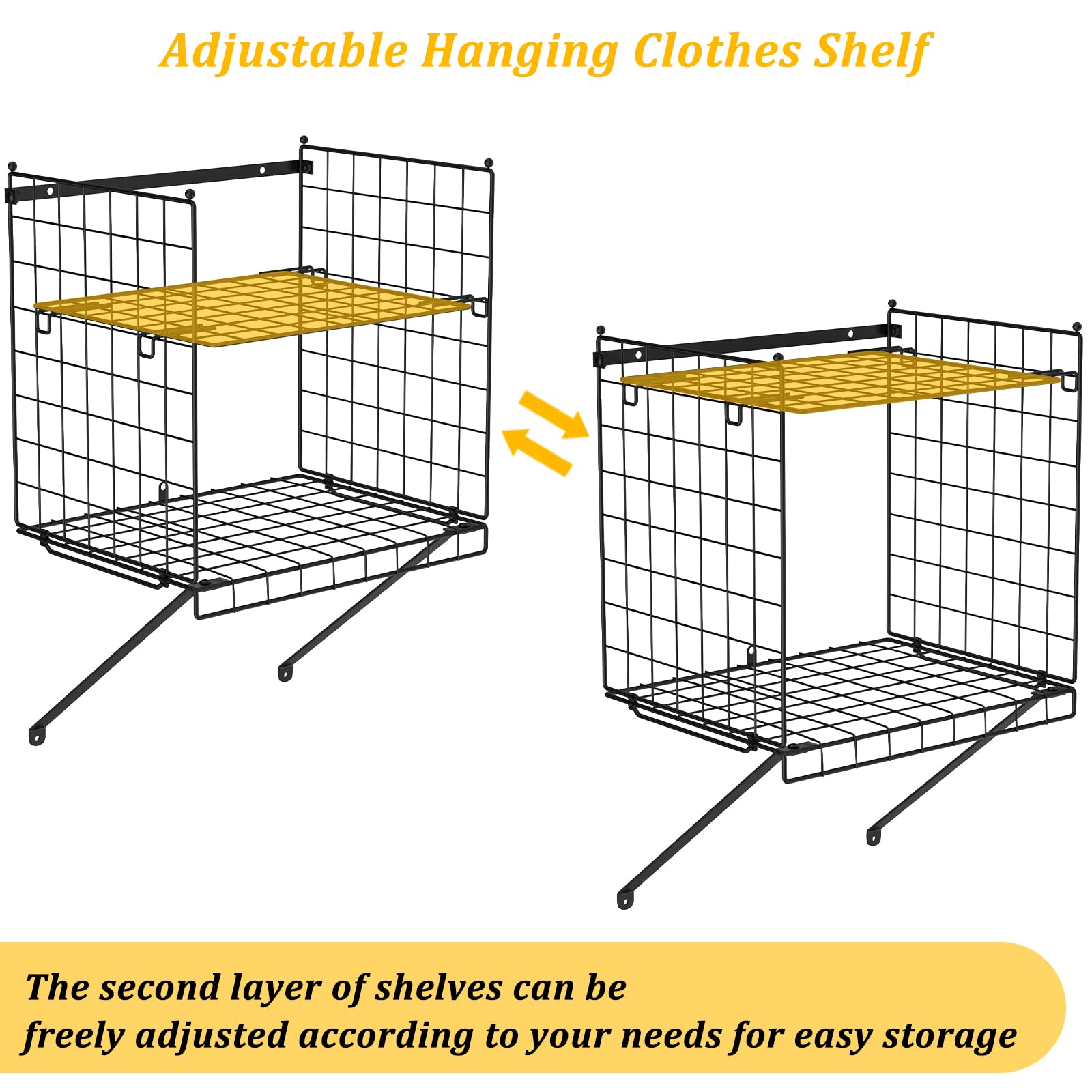 X-cosrack 3 Pack Wire Shelves Wall Mounted with with Height-Adjustable Shelf, 2 Tier Closet Wall Shelves with Wire Storage Baskets for Closet Garage Laundry Room Organization and Storage