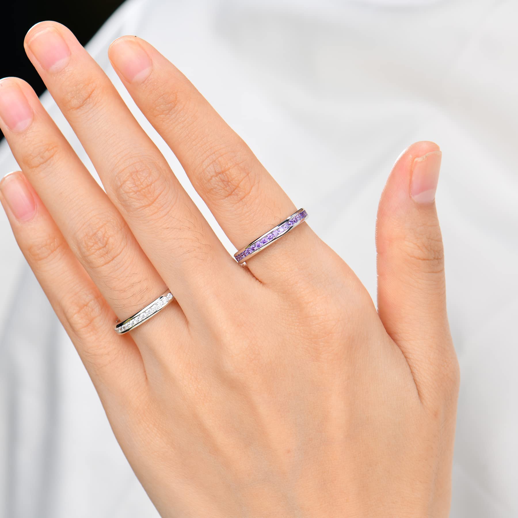 JO WISDOM 925 Sterling Silver Wedding Band Cubic Zirconia Eternity Stackable Engagement Ring Size 9,February Birthstone Amethyst Color