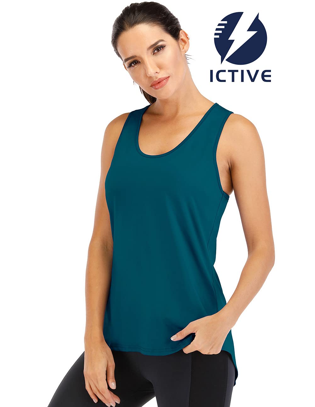 ICTIVE Women's Yoga Tank Top - Loose Fit, Open Back, Sleeveless, Racerback, Gym Workout & Running (Dark Green, L)