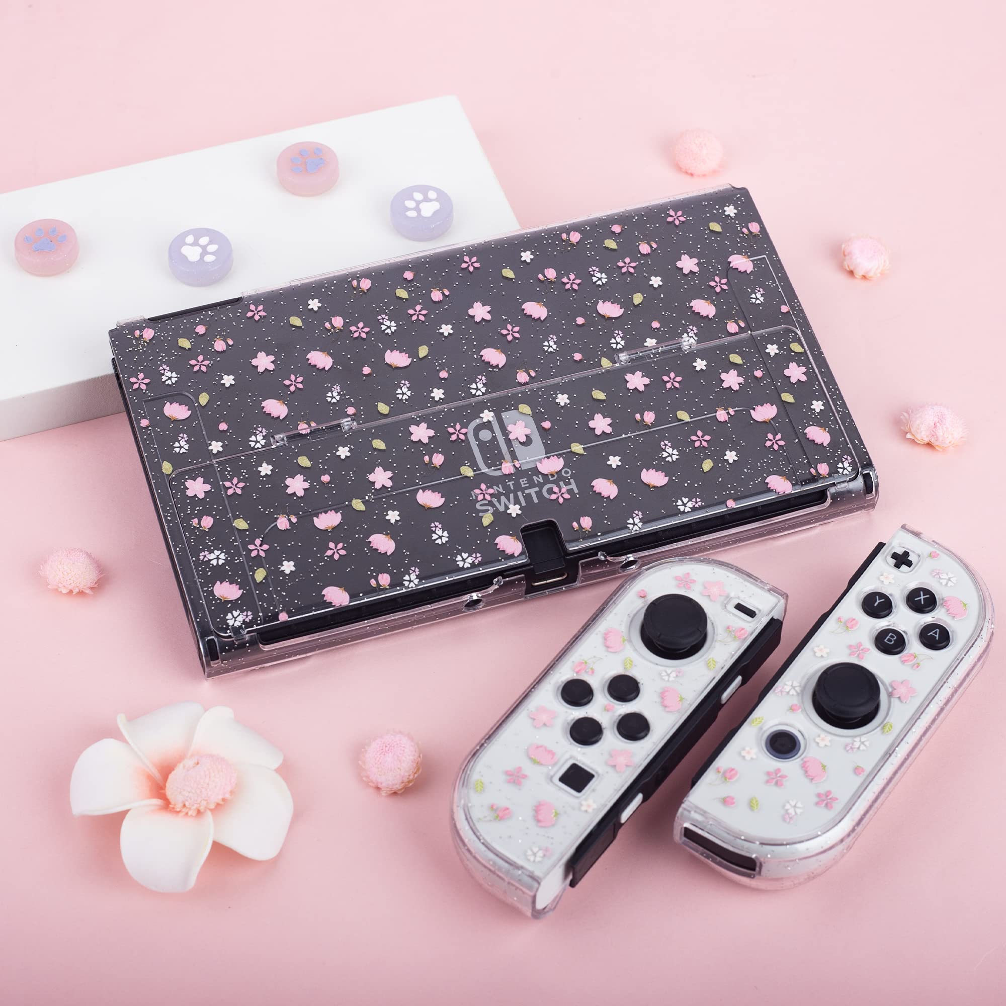 LASTYAL Glitter Sakura Case Compatible with Nintendo Switch OLED, Clear Protective Shell with Cherry Blossoms for Switch OLED and Joycon Controller with Screen Protector and 4 Thumb Caps Grip
