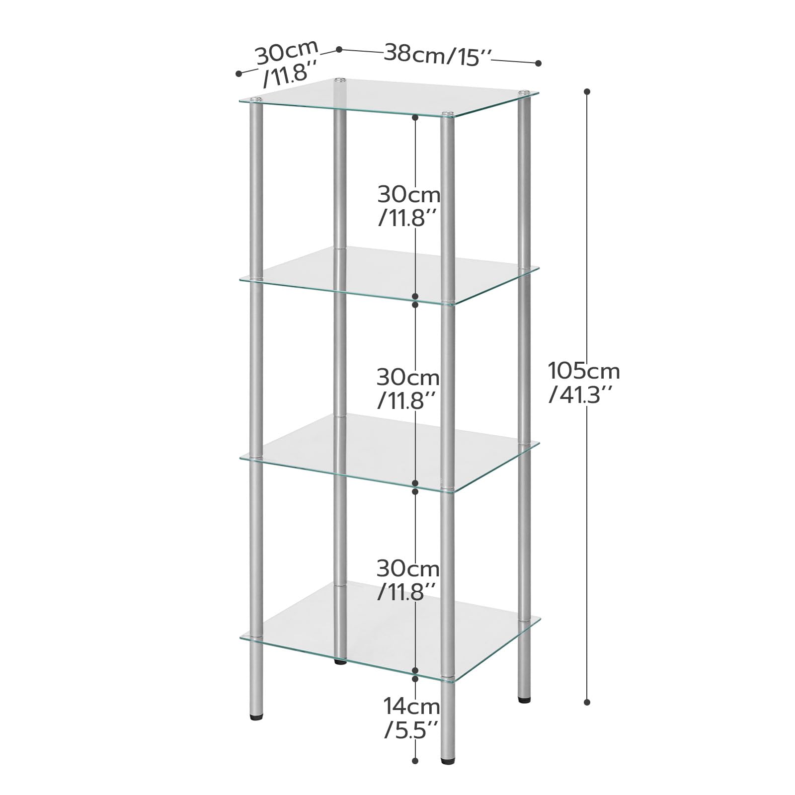 HOOBRO Glass Shelf, 4 Tier Standing Shelf Unit, Durable Glass Shelving Stand for Small Space, Space-Saving, for Bathroom, Bedroom, Home Office, Tempered Glass, Steel Frame, Silver SV04CJ01