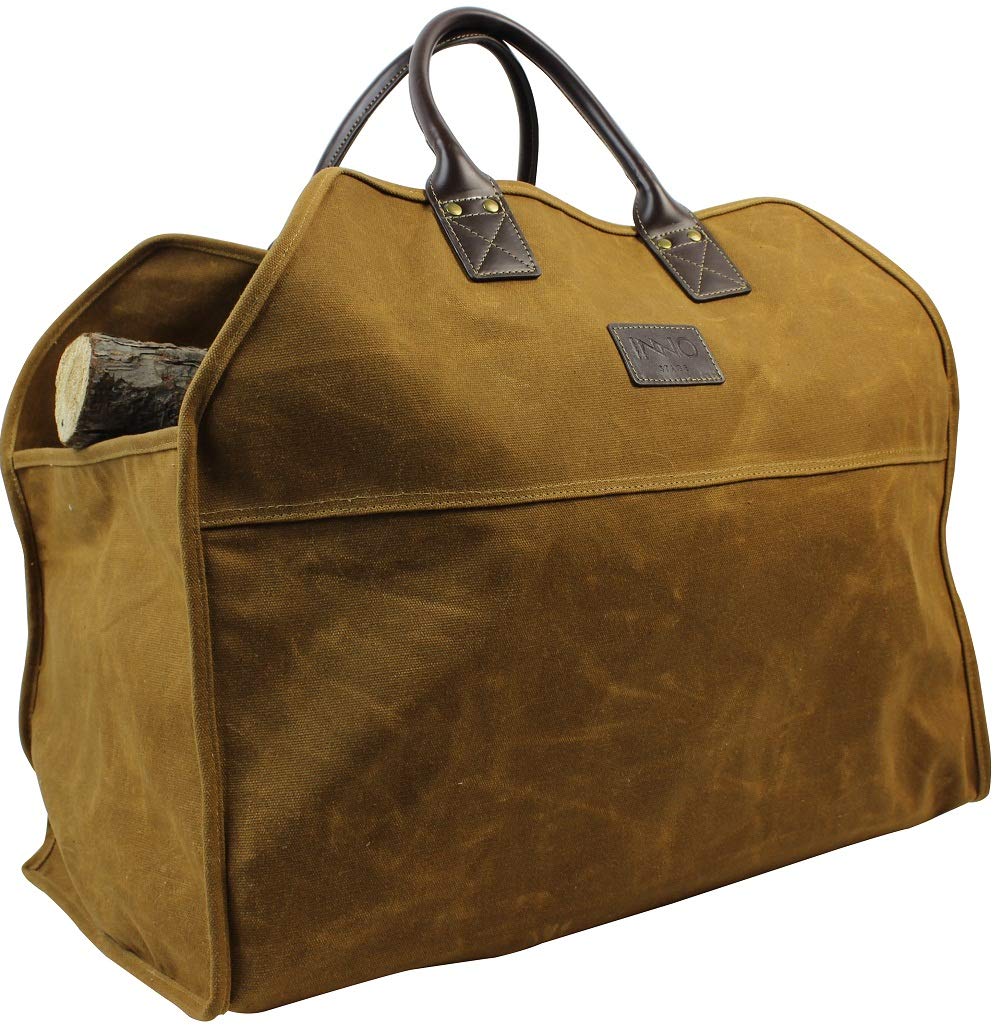 INNO STAGE Firewood Log Carrier Bag Waxed Canvas Tote Holder with Fireplace Pure Leather Gloves Set for Camping, BBQ Barbecue- Green Bag