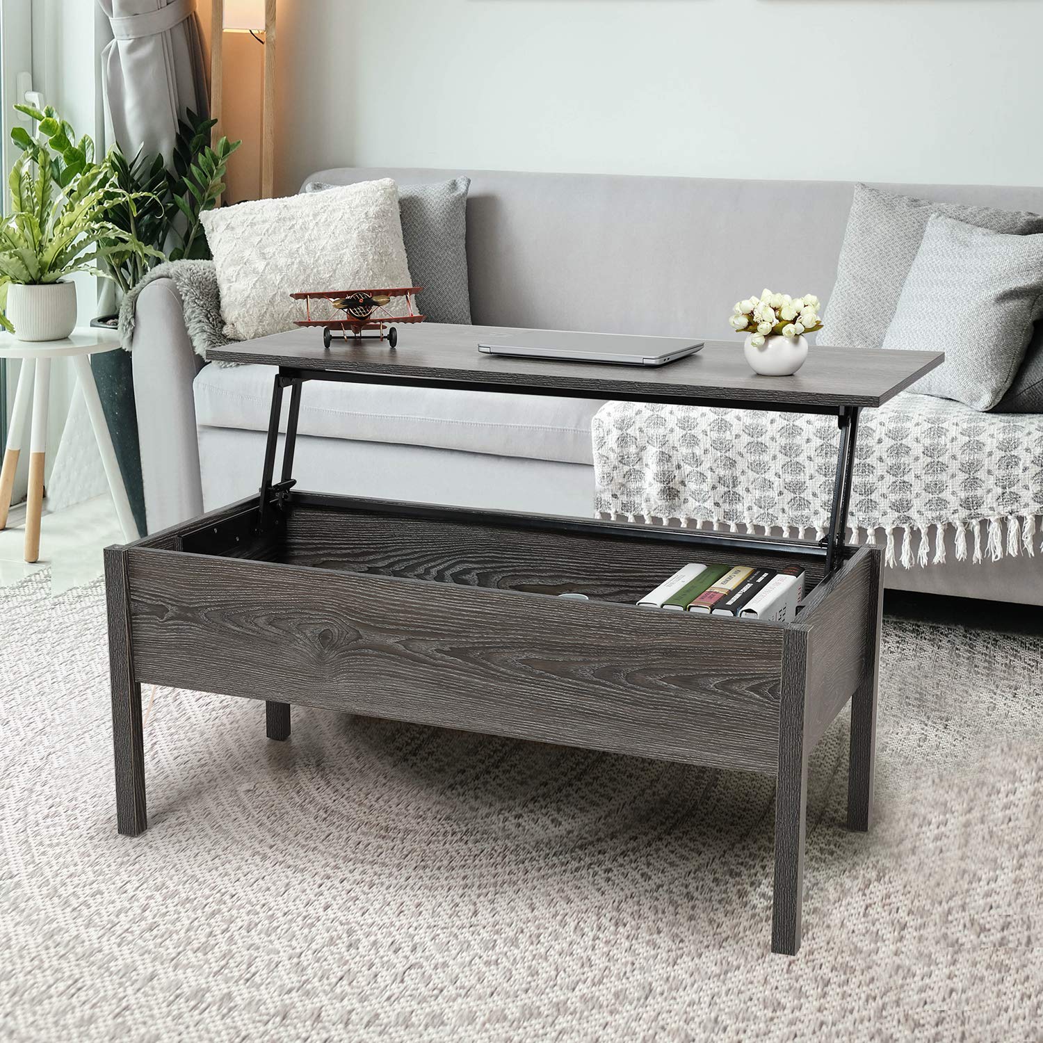 JAXPETY Lift Top Coffee Table with Hidden Compartment and Storage Cabinet, Modern Furniture for Home, Living Room, Reception Room, Grey Oak