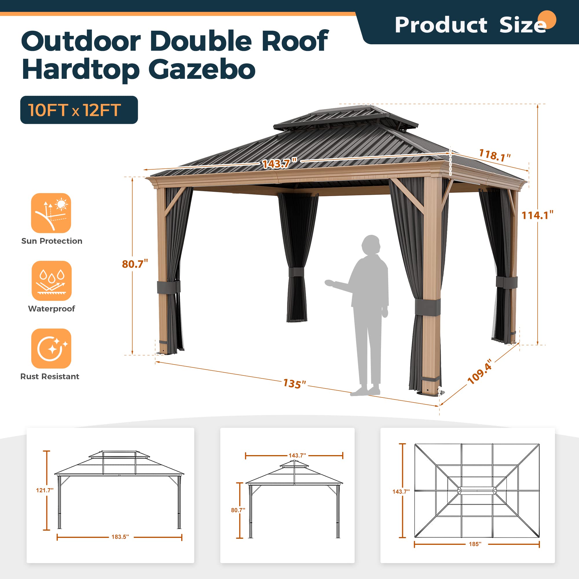 HAPPATIO 10' x 12' Hardtop Gazebo, Outdoor Wood Grain Frame Aluminum Metal Gazebo with Galvanized Steel Double Roof,Patio Gazebo Canopy with Netting and Curtains for Patio, Deck,Backyard (Gray)