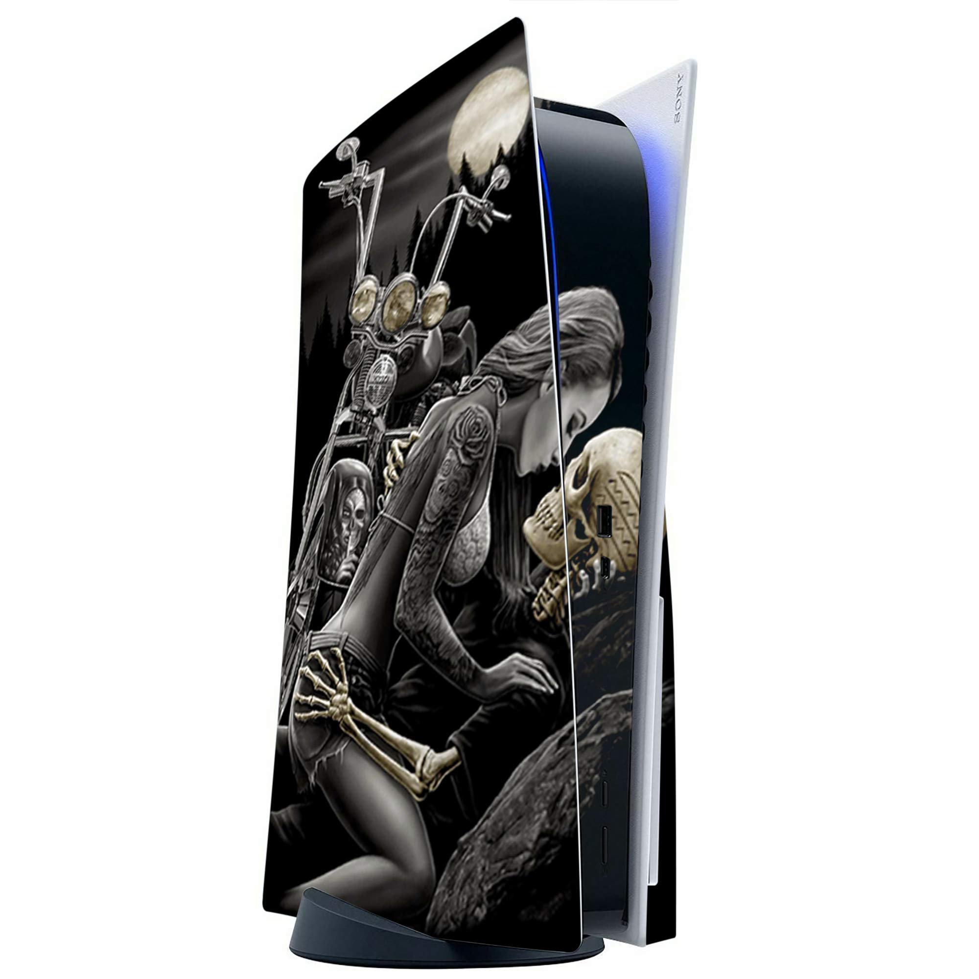 ITS A Skin Skins Compatible with Sony Playstation 5 Console Disc Edition - Protective Decal Overlay Stickers wrap Cover - Biker Skeleton Full Moon Tattoo