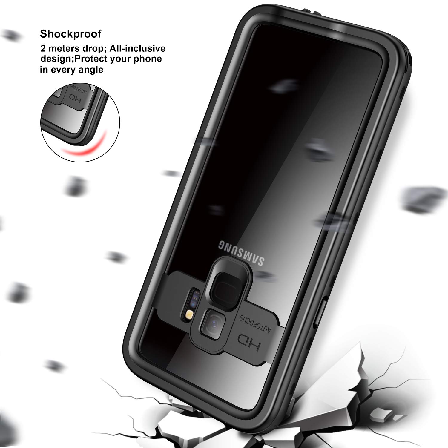 Janazan Samsung Galaxy S9+ Plus Waterproof Case, IP68 Full Sealed Underwater Protective Cover, Waterproof Shockproof Snowproof Dirtproof with Built-in Screen Protector 6.2 inch 2018 (Black)