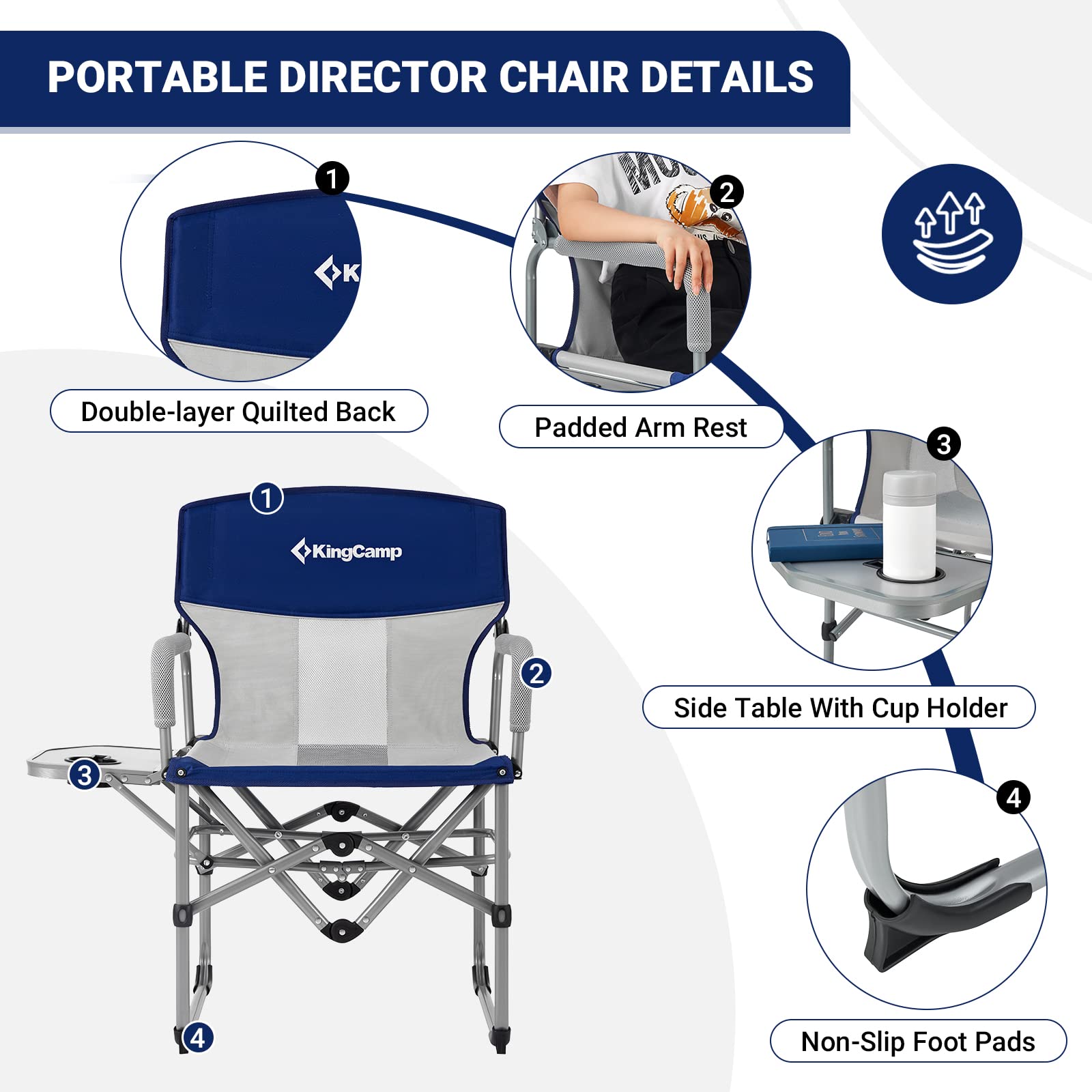 KingCamp Camping Chairs for Adults Folding Chairs Camping Directors Chair with Side Table Heavy Duty (Navy+Wine,2PCS)