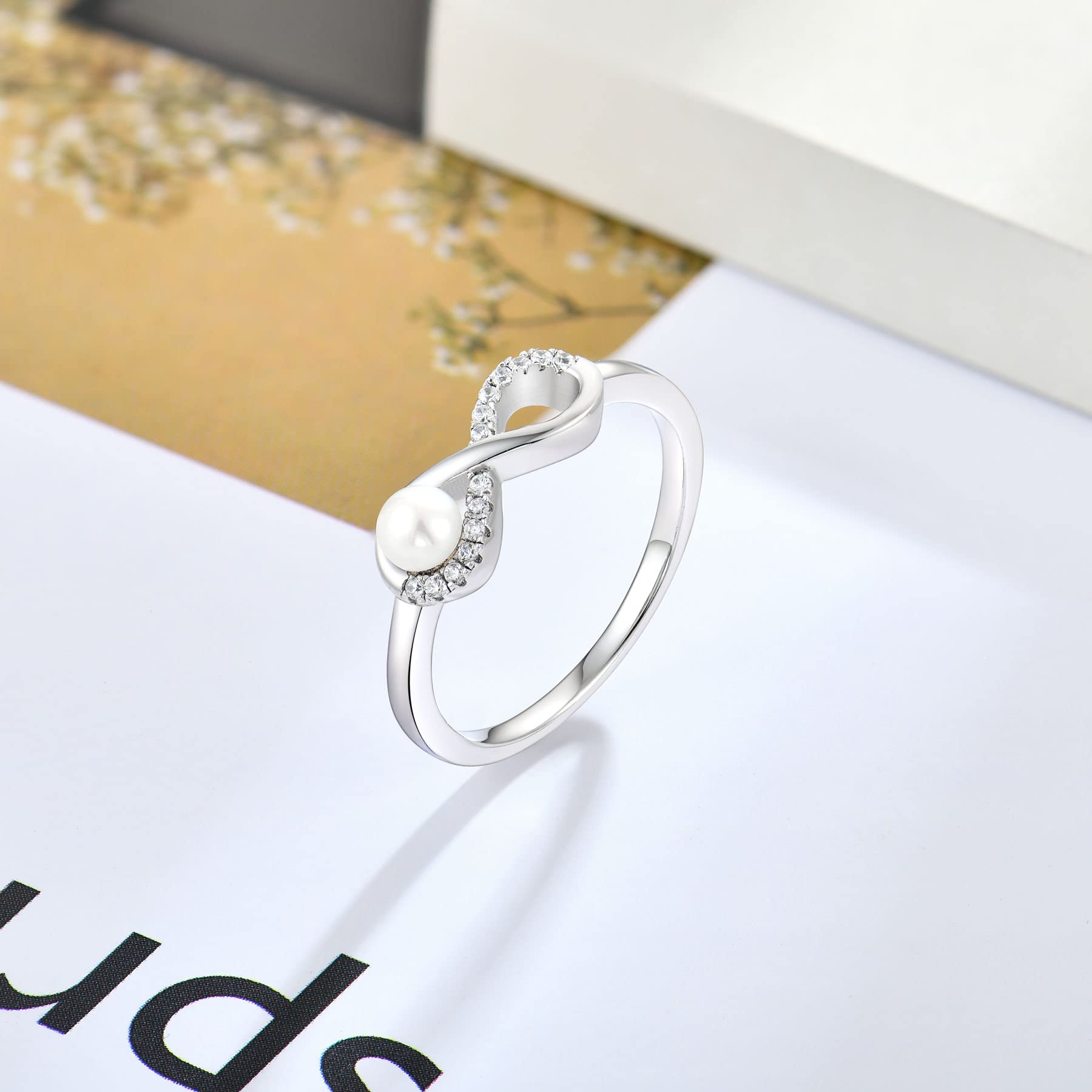 JO WISDOM Women Pearl Ring,925 Sterling Silver Cubic Zirconia Infinity Pearl Ring with 4mm Small Freshwater Cultured Pearl Ring size 6