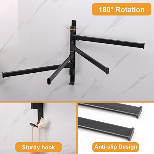 TocTen Swivel Towel Rack, Rustproof and Durable Space Saving Towel Hanger, Towel Bar Swing Out 180° Rotation, Wall Mounted/Glue Mounted Towel Rod with Hook for Bathroom, Kitchen (4-Arm, Black)
