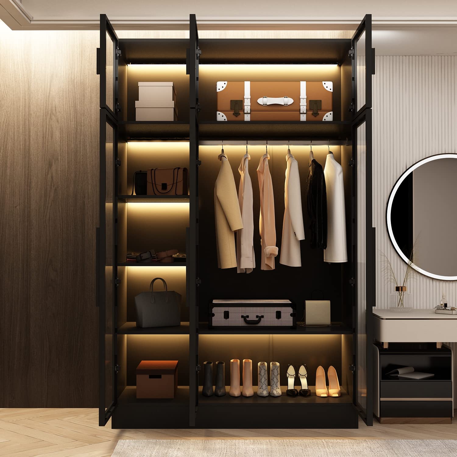 Hitow Wardrobe Cabinet with LED Light Strips, Armoire Closet with Glass Doors, Wooden Large Wardrobe with 5 Tiers Shelf & Hanging Rod, Modern Bedroom Armoire Clothes Organizer, Black 47.2" W