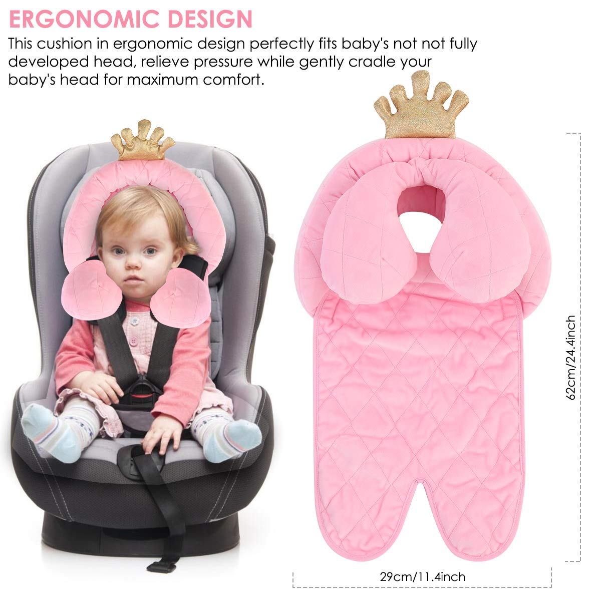 Infant Baby Head Support Pillow, Pink White Royal Princess, Toddler Breathable Head Neck and Body Support for Car Seats and Strollers
