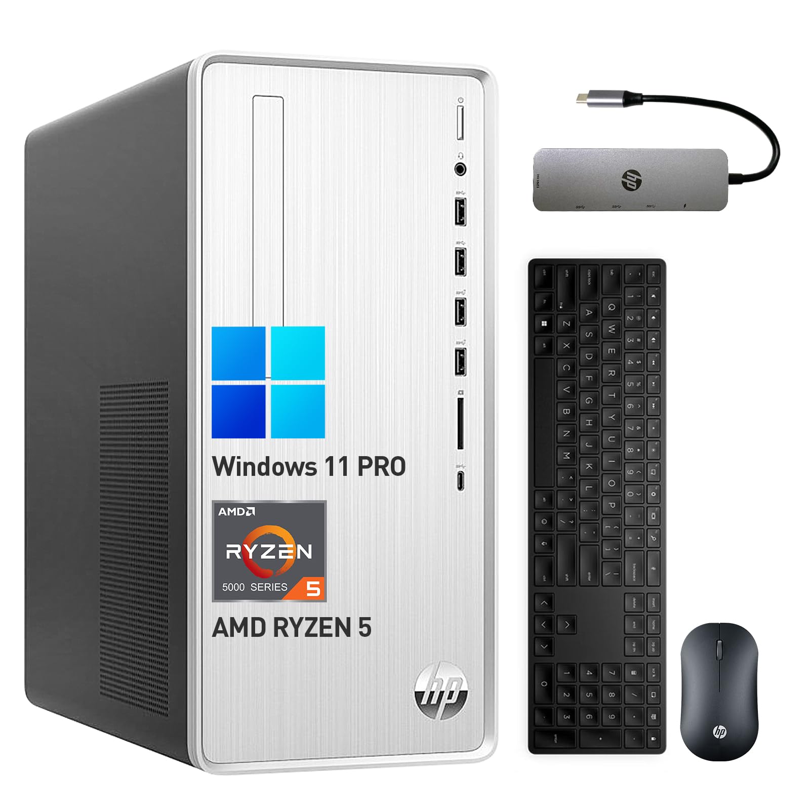 HP Pavilion Gaming Desktop, AMD Ryzen 5 5600G, 16GB RAM, 1TB HDD, 1TB SSD, Windows 11 Pro, Bluetooth, HDMI, Wi-Fi 5, SD Card Reader, Natural Silver, PCM