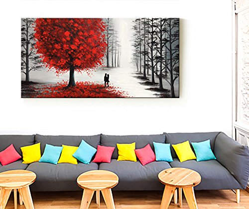 Hand Painted Oil Painting Black and White Landscape Canvas Wall Art with Red Tree for Living Room