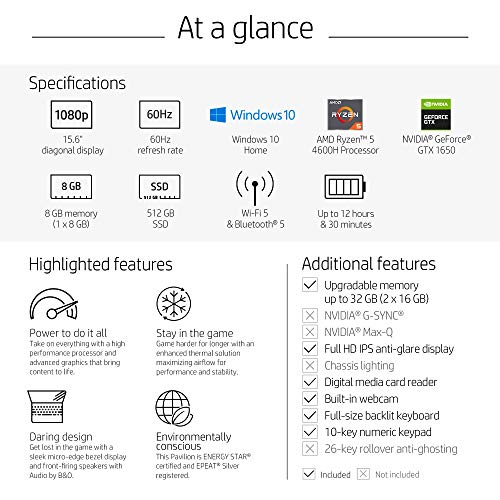 HP Pavilion Gaming 15 Laptop, NVIDIA GeForce GTX 1650, AMD Ryzen 5 4600H, 8GB DDR4 RAM, 512 GB PCIe NVMe SSD, 15.6" Full HD, Windows 10 Home, Backlit Keyboard (15-ec1010nr, 2020 Model)