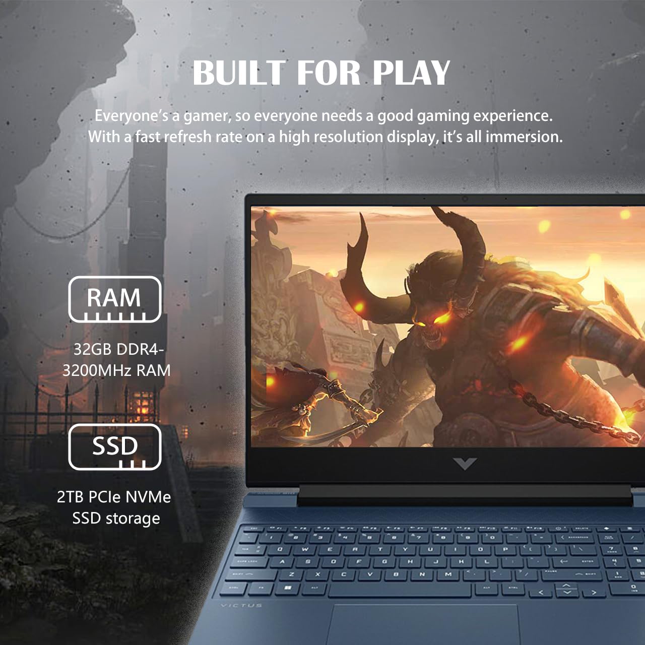HP Victus 15.6" Gaming Laptop, NVIDIA GeForce RTX 3050, Intel 13th Generation Core i5 13420H, 8-core, 4.6GHz, 32GB RAM, 2TB SSD, Full HD Display, Backlit Keyboard, Windows 11, Performance Blue