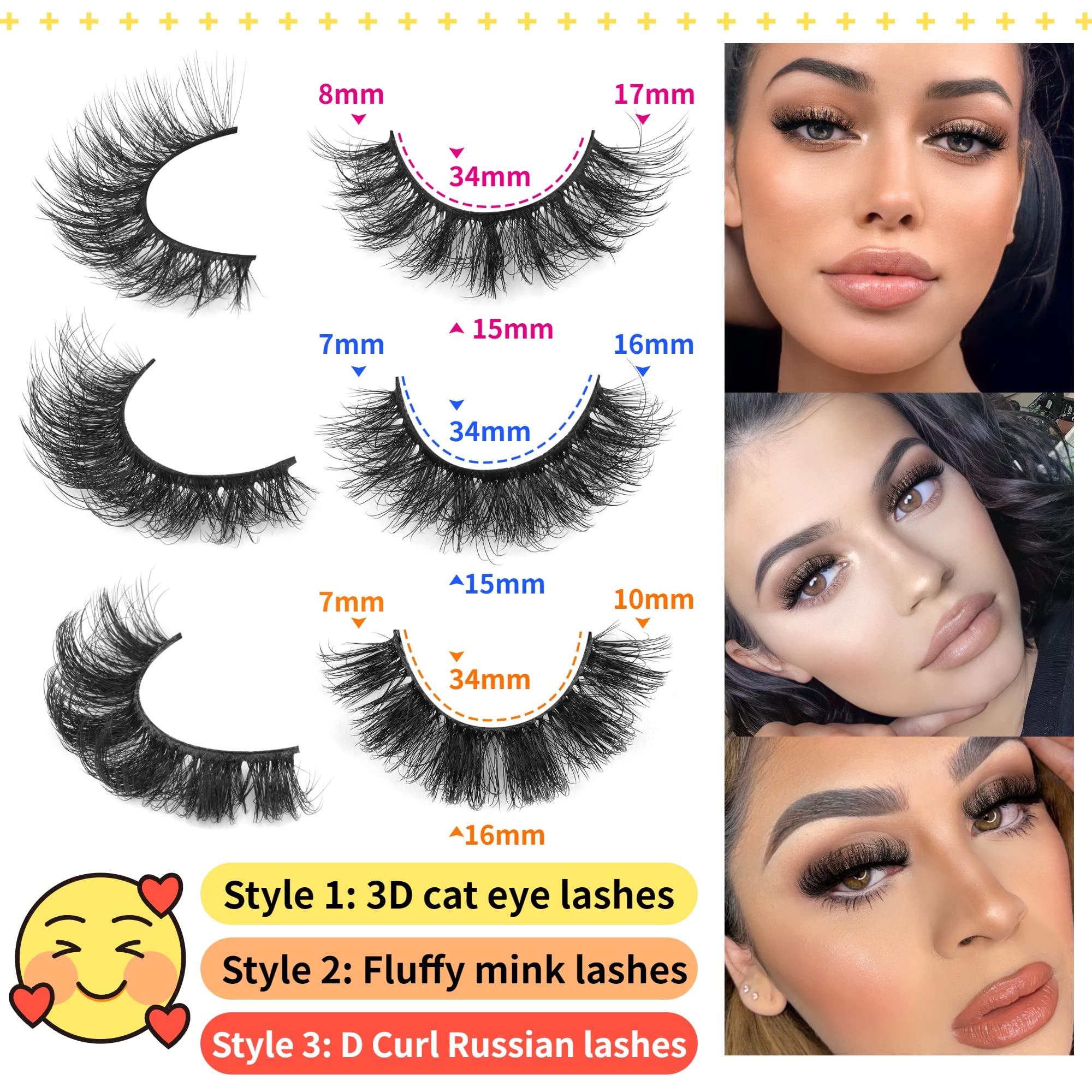 Natural False Eyelashes Mink Lashes Fluffy Wispy Cat Eye Lashes Pack 3 Styles 5D Lashes That Look Like Extensions by Geeneiya, 7 Pairs×3