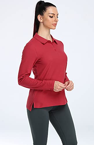 icyzone Golf Polo Shirts for Women, Tennis Long Sleeve Tops, Collared Athletic Workout T Shirts (Red, L)