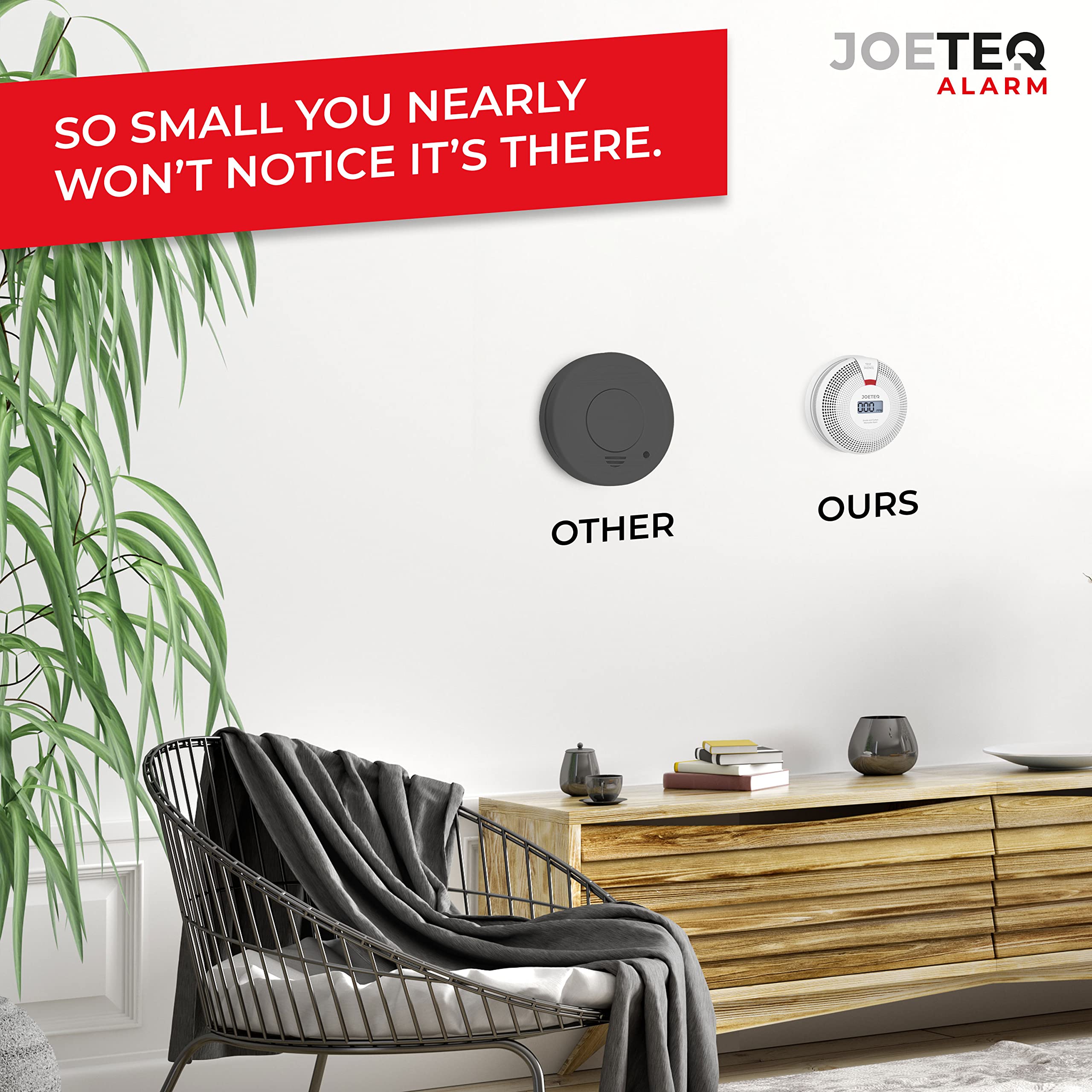 JOETEQ 2-in-1 Smoke and Carbon Monoxide Detector 10 Year Battery Operated Included - No Drilling Easy Adhesive Installation, SC01-BS, 1pcs