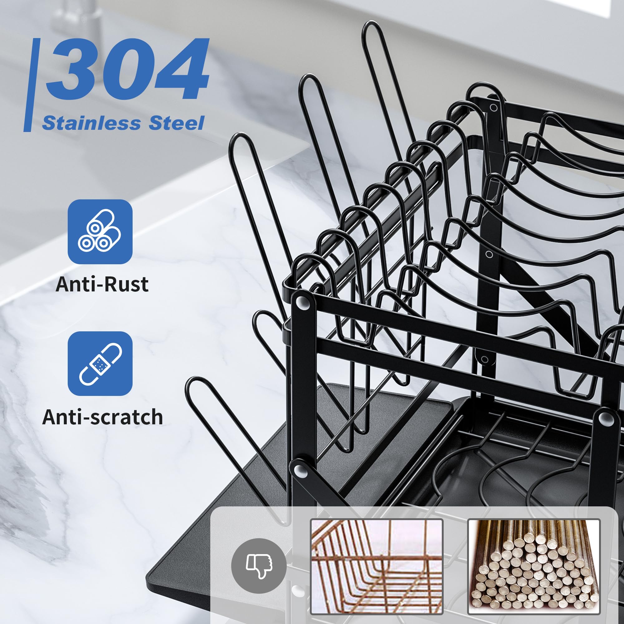 ITHSKUILL Dish Drying Rack, Stainless Steel Large Dish Racks for Kitchen Counter, 2 Tier Collapsible Dish Drainer with Drainboard, Kitchen Drying Rack with Utensils Holder, Cups Holder