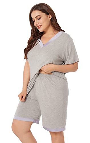 ZERDOCEAN Women's Plus Size Sleepwear Pajama Set Short Sleeve with Shorts Nightwear Two-piece Pj Lounge Sets Lightgray 4X