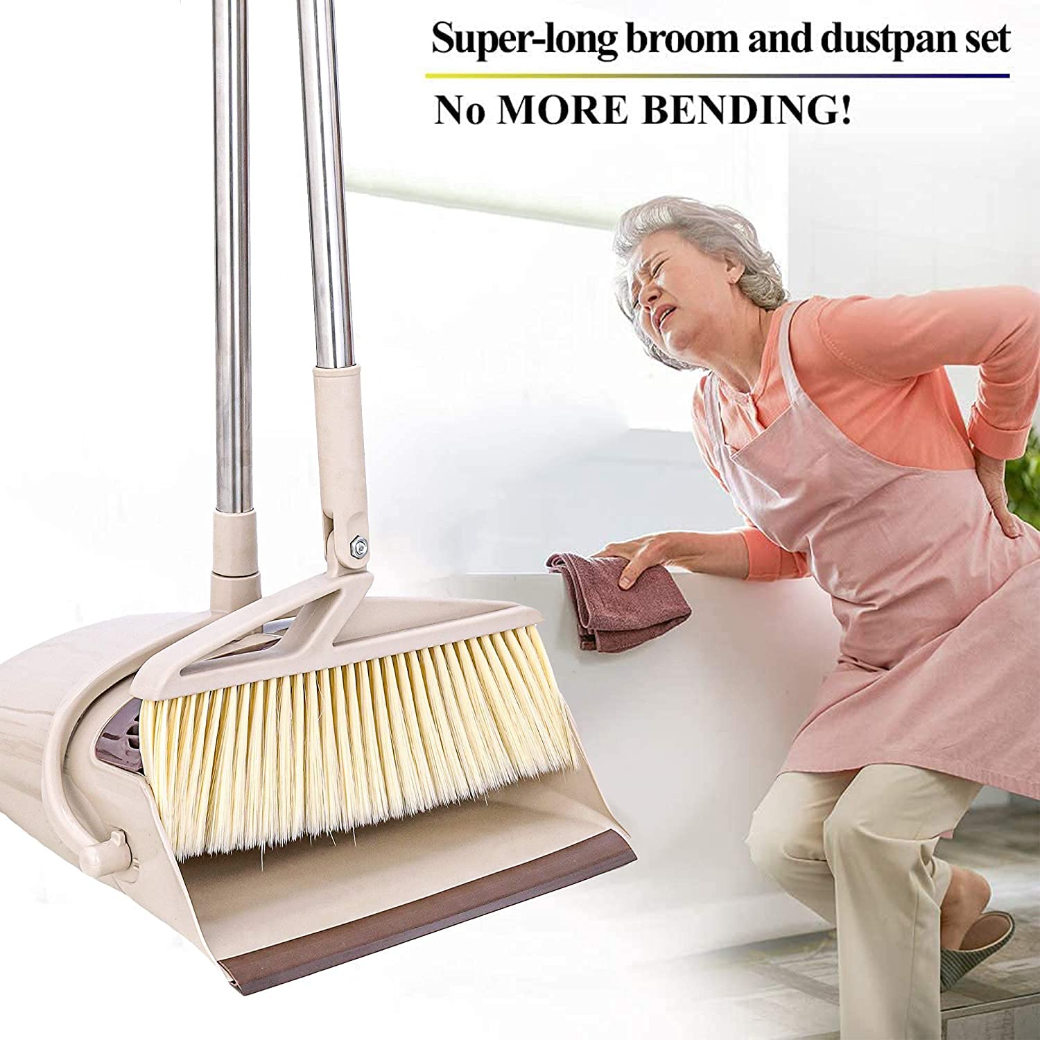 Krupasadhya Dustpan with Broom with Stainless Long Handle Set Stand Up Combo, Remove Hair with Built-in Wisp Scraper - Kitchen, Outdoor, Hardwood Floor, Garage & Tiles Upright Cleaning Supplies